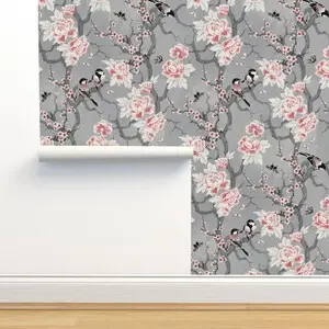 Spoonflower Chinoiserie Birds Grey 100% Natural Sisal Grasscloth Wallcovering