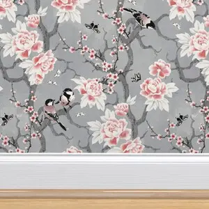 Spoonflower Chinoiserie Birds Grey 100% Natural Sisal Grasscloth Wallcovering