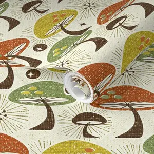 Spoonflower Autumn Mushrooms Custom Pre-pasted Wallpaper - Beige,brown,sage