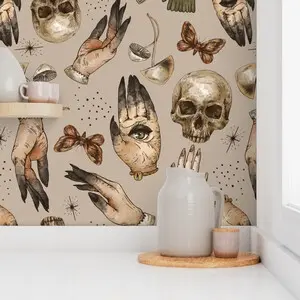 Spoonflower Skull Witch Hands Mushrooms Vintage Sorcerer Custom Pre-pasted Wallpaper