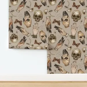 Spoonflower Skull Witch Hands Mushrooms Vintage Sorcerer Custom Pre-pasted Wallpaper