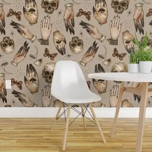 Spoonflower Skull Witch Hands Mushrooms Vintage Sorcerer Custom Pre-pasted Wallpaper