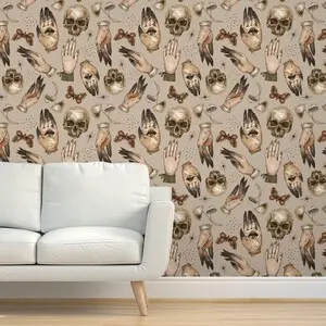 Spoonflower Skull Witch Hands Mushrooms Vintage Sorcerer Custom Pre-pasted Wallpaper