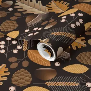 Spoonflower Geometric Autumn Botanical Custom Pre-pasted Wallpaper - Brown,black