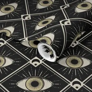 Spoonflower Eyes Geometric Black Gold Art Deco Magic Custom Pre-pasted Wallpaper - Black,gold,brown