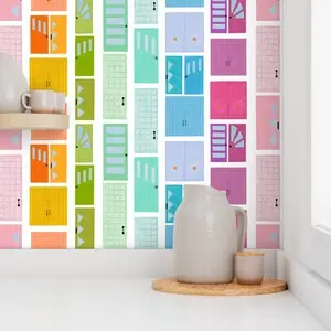 Spoonflower Palm Geometric House Pastel Architecture Custom Pre-pasted Wallpaper