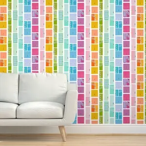 Spoonflower Palm Geometric House Pastel Architecture Custom Pre-pasted Wallpaper
