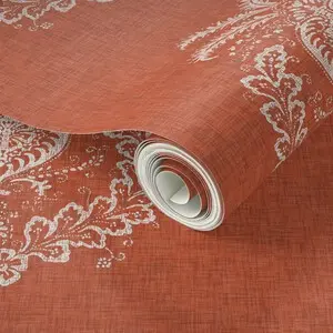 Spoonflower Vintage Victorian Spice Orange Damask Botanical Custom Pre-pasted Wallpaper - Brown,pink