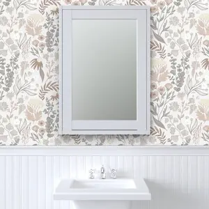Spoonflower Neutral Eucalyptus Wildflowers Floral Wallpaper Custom Pre-pasted Wallpaper