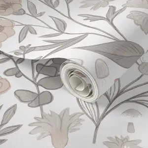 Spoonflower Neutral Eucalyptus Wildflowers Floral Wallpaper Custom Pre-pasted Wallpaper - Gray