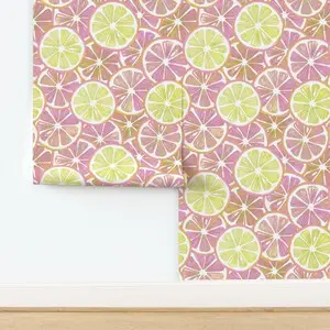 Spoonflower Pink Lemons Yellow Fruit Lime Fresh Spring Summer Custom Pre-pasted Wallpaper