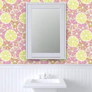 Spoonflower Pink Lemons Yellow Fruit Lime Fresh Spring Summer Custom Pre-pasted Wallpaper
