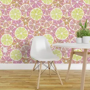 Spoonflower Pink Lemons Yellow Fruit Lime Fresh Spring Summer Custom Pre-pasted Wallpaper