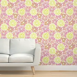 Spoonflower Pink Lemons Yellow Fruit Lime Fresh Spring Summer Custom Pre-pasted Wallpaper