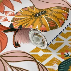 Spoonflower Summer Mandala Bohemian Boho Flowers Floral Garden Custom Pre-pasted Wallpaper - Navy