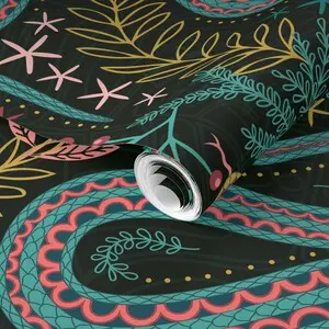 Spoonflower Nature Forest Dark Whimsical Gothic Colorful Custom Pre-pasted Wallpaper - Teal
