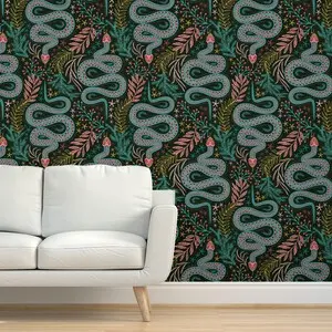 Spoonflower Nature Forest Dark Whimsical Gothic Colorful Custom Pre-pasted Wallpaper - Teal
