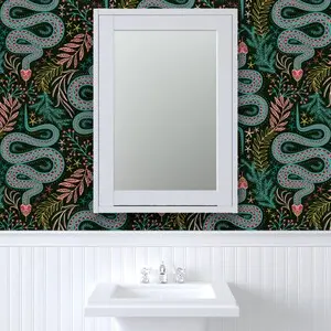 Spoonflower Nature Forest Dark Whimsical Gothic Colorful Custom Pre-pasted Wallpaper - Teal