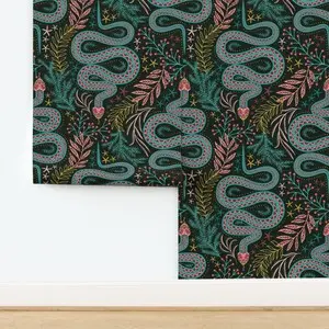 Spoonflower Nature Forest Dark Whimsical Gothic Colorful Custom Pre-pasted Wallpaper - Teal