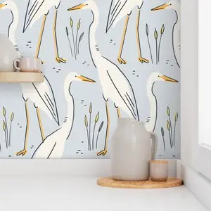 Spoonflower Bird Birds Marsh Lake Herons Custom Pre-pasted Wallpaper