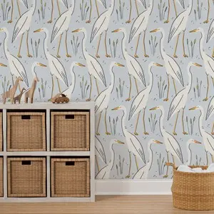 Spoonflower Bird Birds Marsh Lake Herons Custom Pre-pasted Wallpaper
