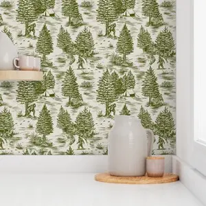Spoonflower Forest Toile Weird Camping Toile De Jouy Custom Pre-pasted Wallpaper - Green