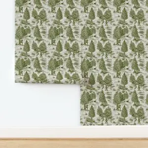 Spoonflower Forest Toile Weird Camping Toile De Jouy Custom Pre-pasted Wallpaper - Green