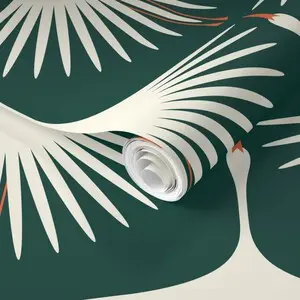 Spoonflower Bird Art Deco Swan Curtains Forrest Green Country Custom Pre-pasted Wallpaper Cream