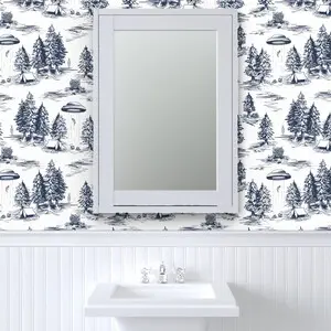 Spoonflower Blue & White Alien Abduction Toile Custom Pre-pasted Wallpaper - White,blue