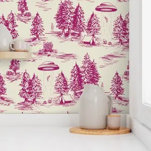 Spoonflower Magenta Space Alien Aliens Quirky Ufos Science Custom Pre-pasted Wallpaper