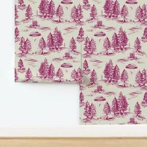 Spoonflower Magenta Space Alien Aliens Quirky Ufos Science Custom Pre-pasted Wallpaper