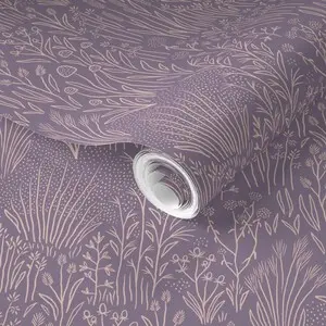 Spoonflower Wild Free Lilac Leaves Floral Nature Grass Plants Custom Pre-pasted Wallpaper - Purple,pink