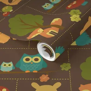 Spoonflower Woodland Creatures Animals Owl Mushroom Animal Custom Pre-pasted Wallpaper - Brown,sage,green