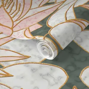 Spoonflower Art Deco Floral Rose Pink African Flora King Custom Removable Wallpaper - Green