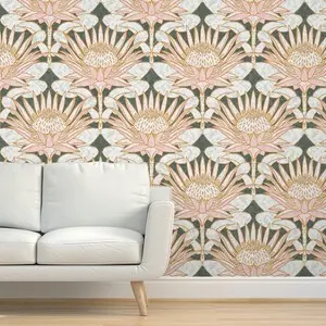 Spoonflower Art Deco Floral Rose Pink African Flora King Custom Pre-pasted Wallpaper - Green