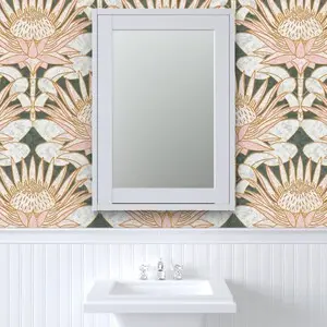 Spoonflower Art Deco Floral Rose Pink African Flora King Custom Pre-pasted Wallpaper - Green
