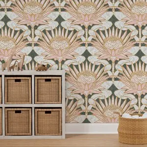Spoonflower Art Deco Floral Rose Pink African Flora King Custom Pre-pasted Wallpaper - Green
