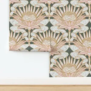 Spoonflower Art Deco Floral Rose Pink African Flora King Custom Pre-pasted Wallpaper - Green