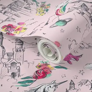 Spoonflower Bear Castle Mermaid Tiger Unicorn Rainbow Lamb Custom Pre-pasted Wallpaper - Pink