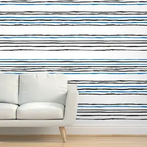 Spoonflower And White Stripes Paint Watercolor Custom Pre-pasted Wallpaper - Black