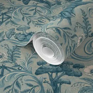 Spoonflower Raccoon Rococo Whimsical Blue Nature Forest Traditional Wallpaper - Blue,teal,gray