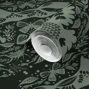 Spoonflower Damask Wild Animals Green Owl Moth Fox Forest Traditional Wallpaper - Green,gray