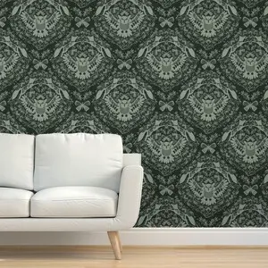 Spoonflower Damask Wild Animals Green Owl Moth Fox Forest Traditional Wallpaper