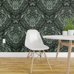 Spoonflower Damask Wild Animals Green Owl Moth Fox Forest Traditional Wallpaper