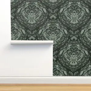 Spoonflower Damask Wild Animals Green Owl Moth Fox Forest Traditional Wallpaper