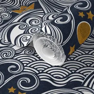 Spoonflower Sea Adventure Blue Japanese Waves Ocean Traditional Wallpaper - Blue,gray