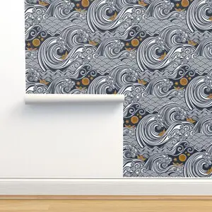 Spoonflower Sea Adventure Blue Japanese Waves Ocean Traditional Wallpaper - Blue,gray
