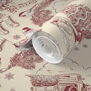 Spoonflower Holiday Toile Red Cream Retro Birds Winter Snow Traditional Wallpaper - Pink,red,brown