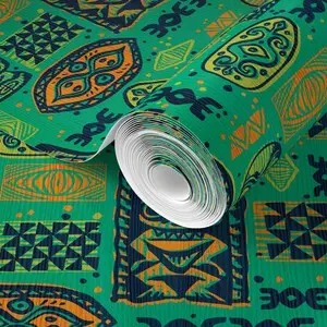 Spoonflower Old School Tiki Vintage Green Blue Retro Orange Traditional Wallpaper - Green,blue