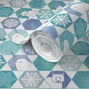 Spoonflower Snowflakes And Arctic Animals Patchwork Traditional Wallpaper - Blue,white,turquoise